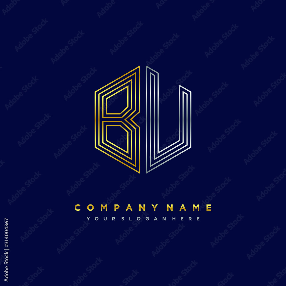 Initial letter BU, minimalist line art monogram hexagon logo, gold and ...