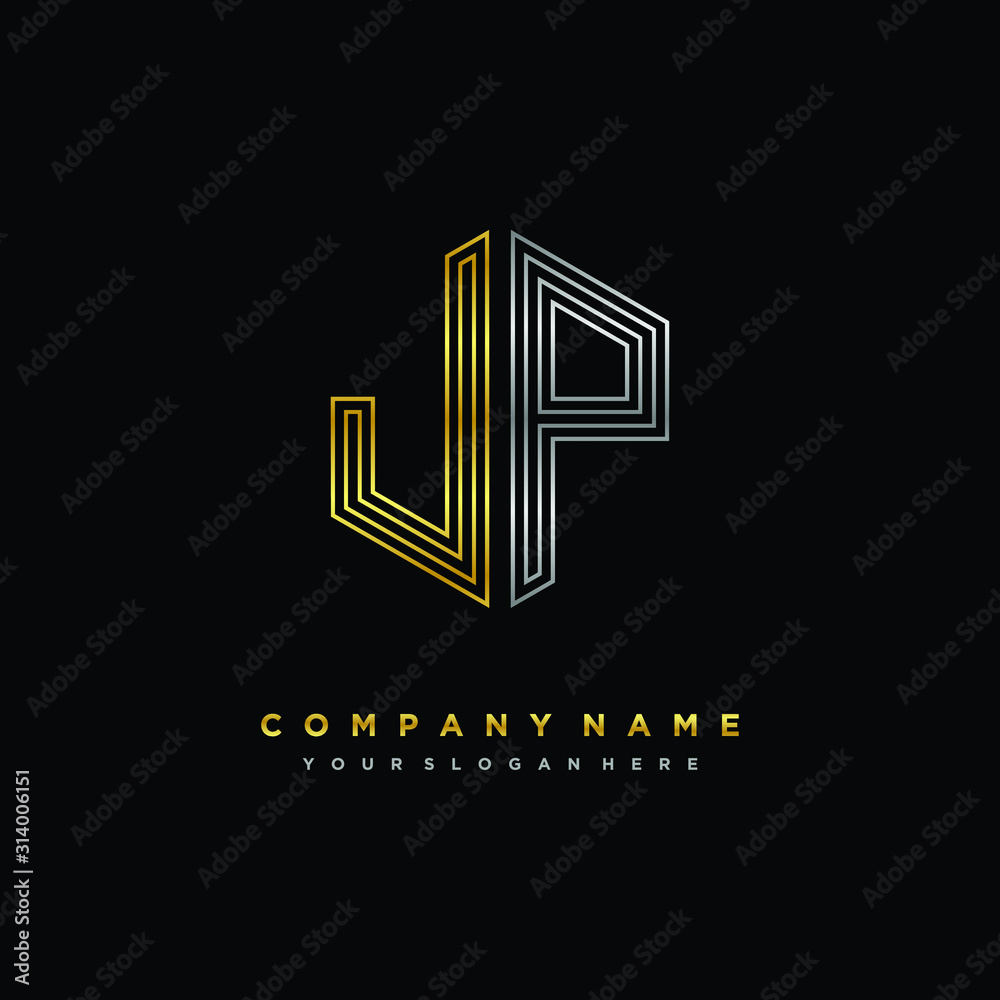 Initial letter JP, minimalist line art monogram hexagon logo, gold and ...