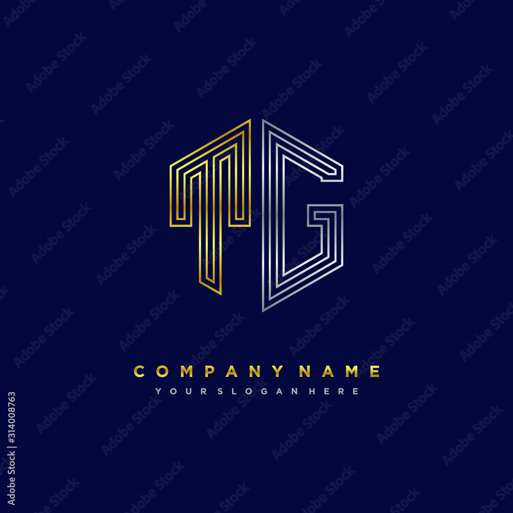 Initial letter TG, minimalist line art monogram hexagon logo, gold and ...