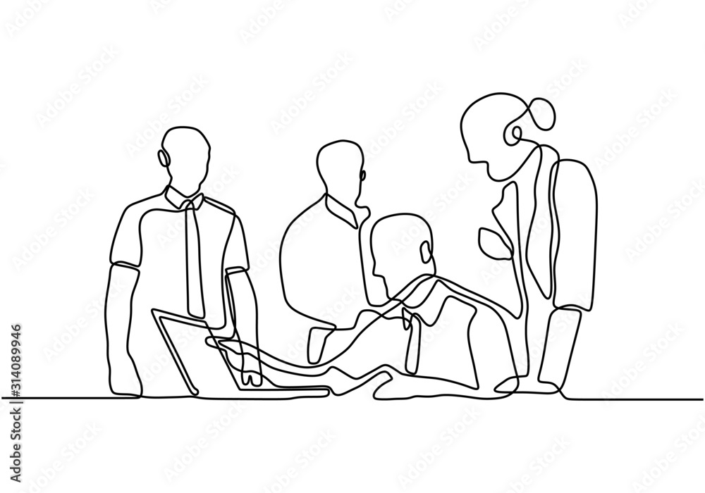continuous line drawing of office workers at business meeting. Vector ...