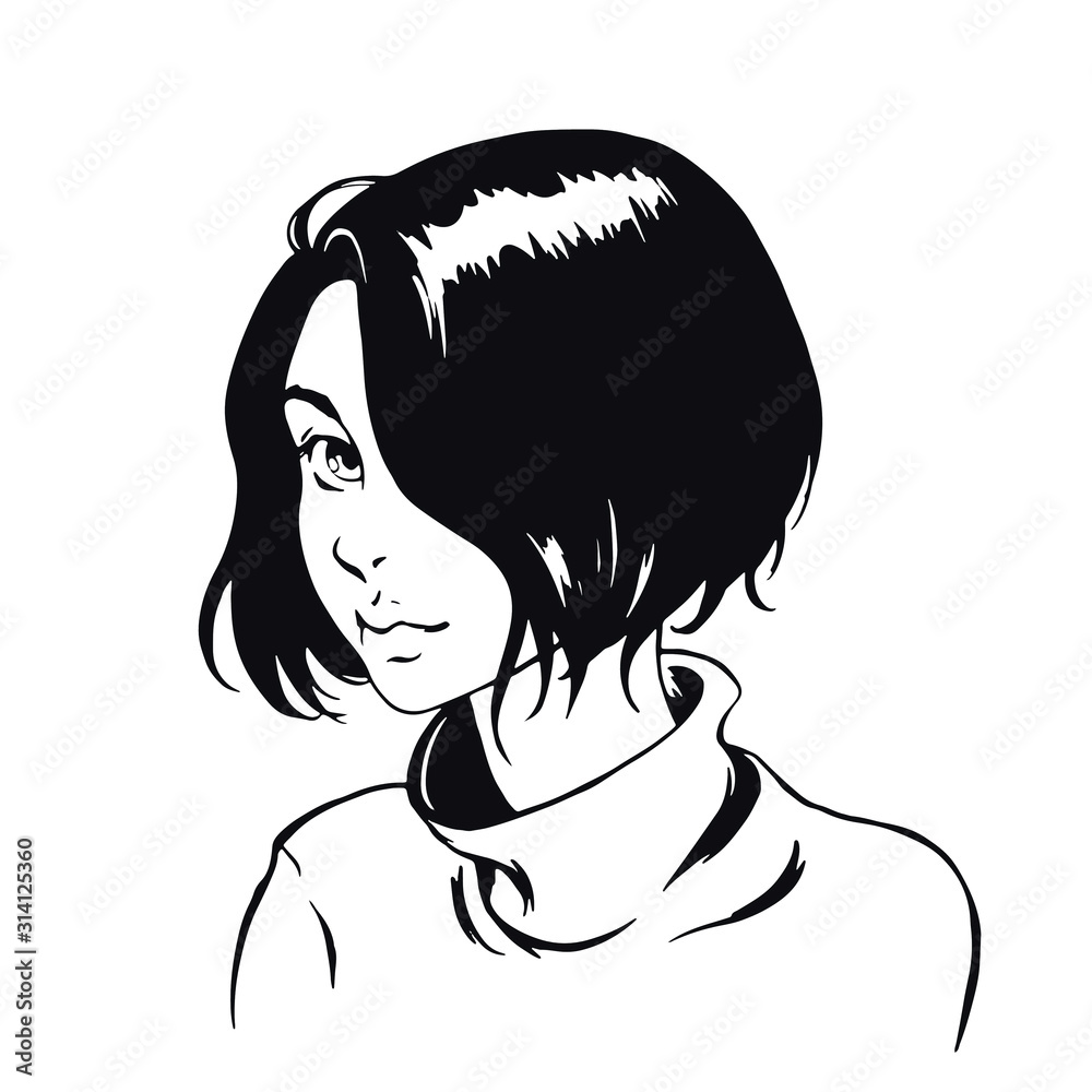 Comics style graphic illustration. Cute anime girl with short hair ...