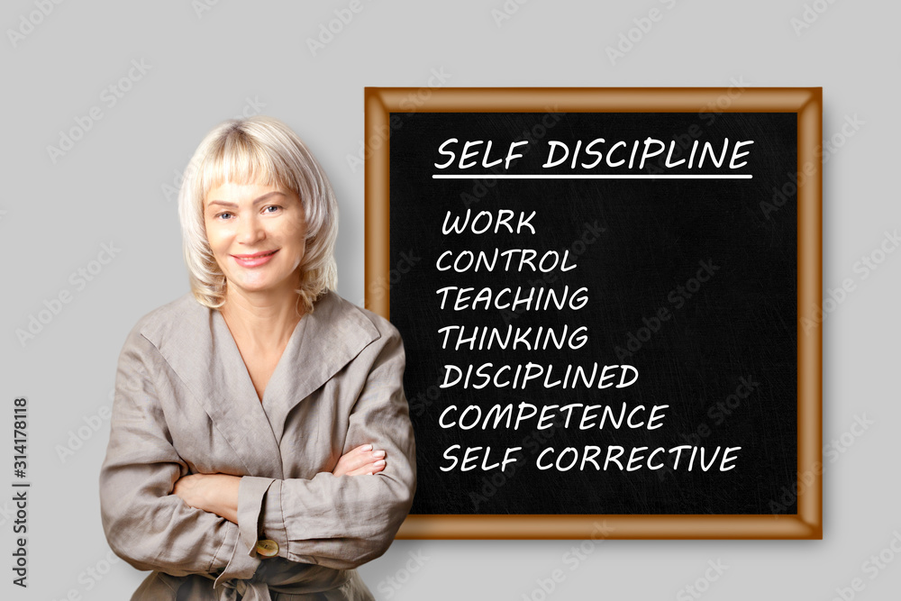 Self discipline concept. Woman near boarg with text Self Discipline ...