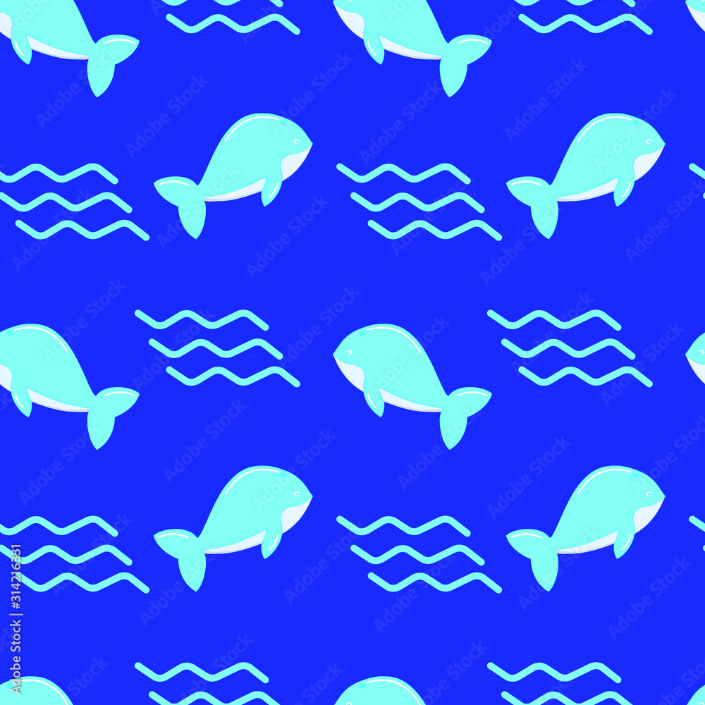 Cartoon blue Dolphin in flat style. Seamless vector pattern. Blue is ...