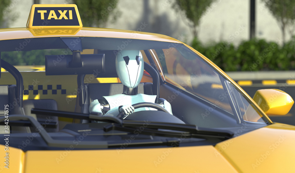 Robot taxi driver sits at the wheel of a yellow taxi. Car with ...