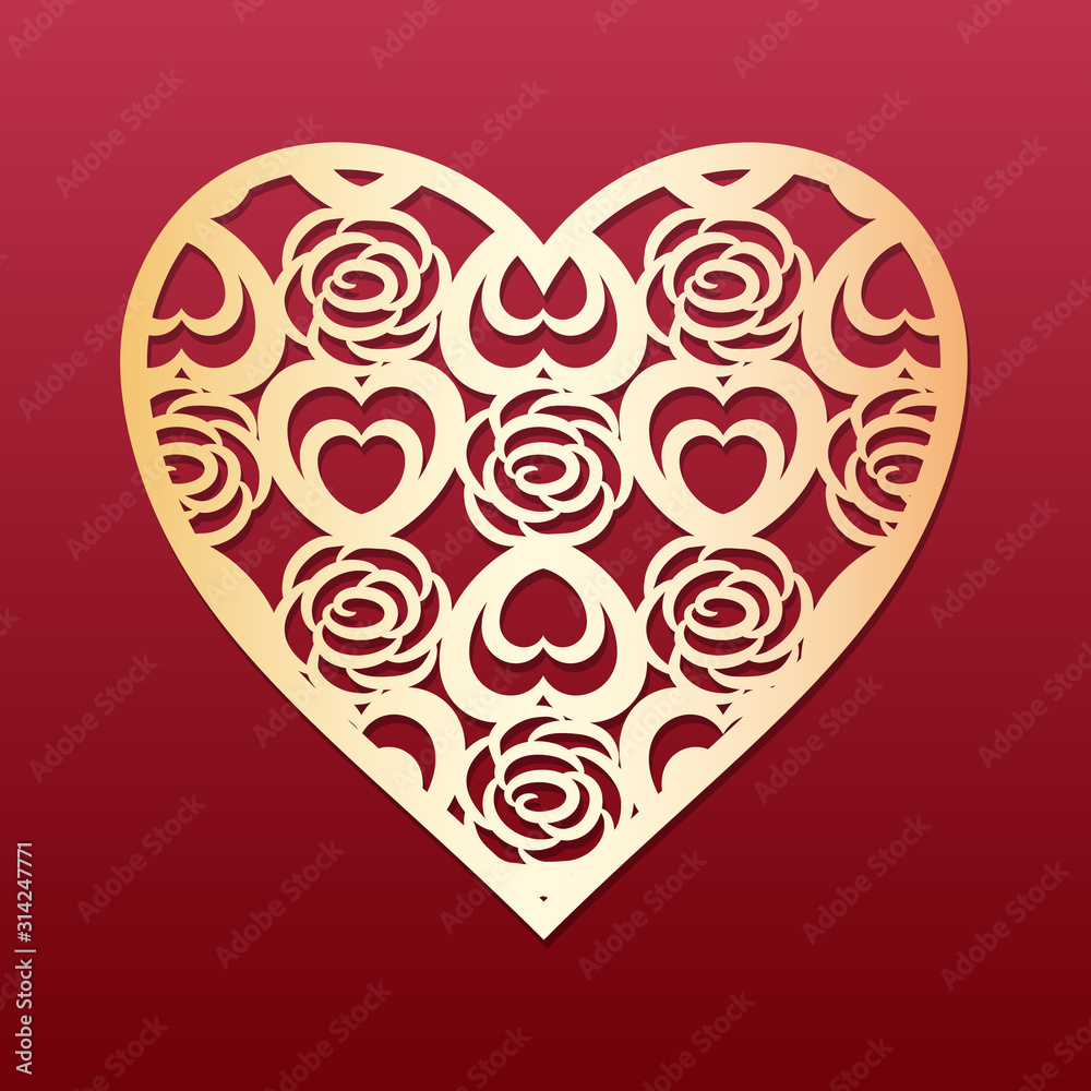 Laser cut heart with pattern of hearts and roses. Template for cutting ...