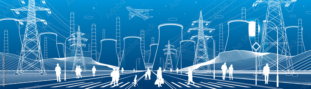 City life scene. Energy illustration. Thermal power plant. Factory ...