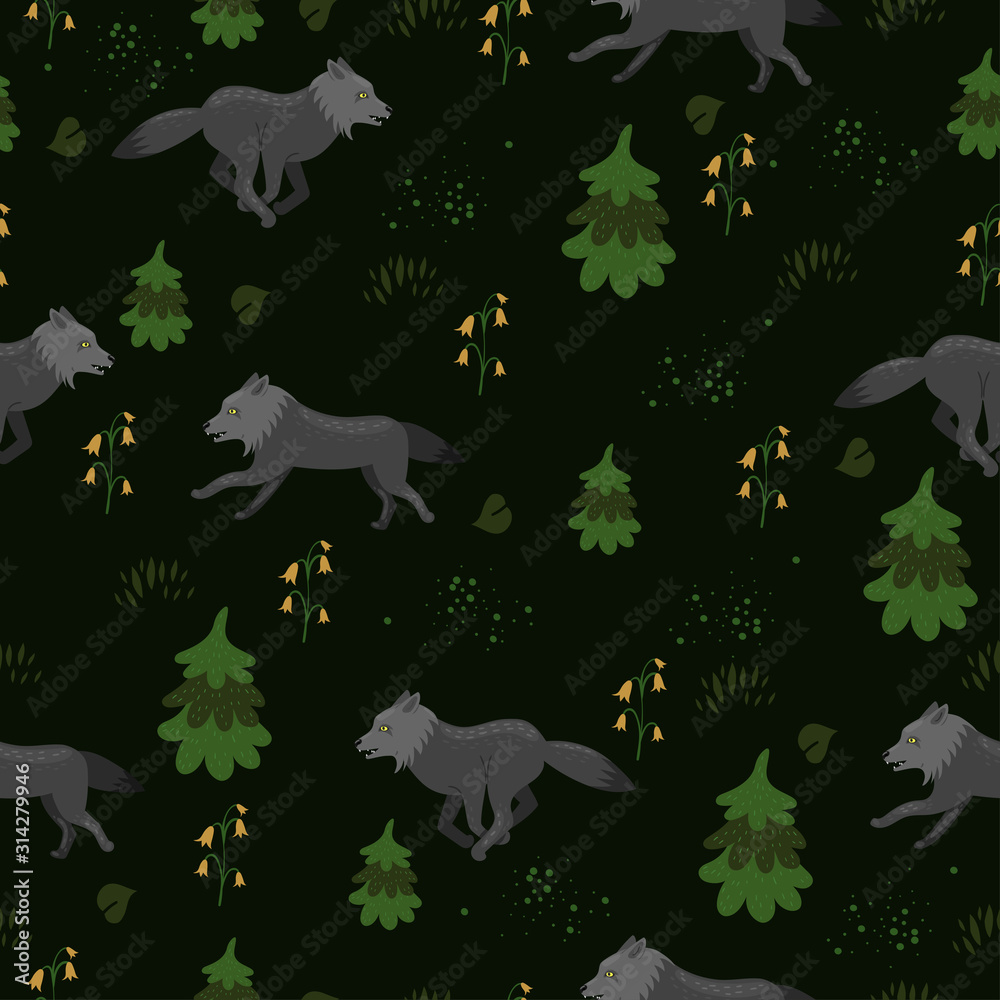 Seamless pattern with wolves in the forest. Vector graphics. Stock ...