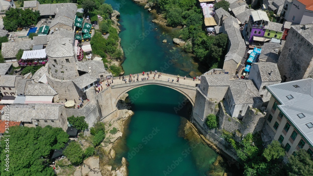 Aerial view of Stari Most old medieval bridge in Mostar, Neretva river ...