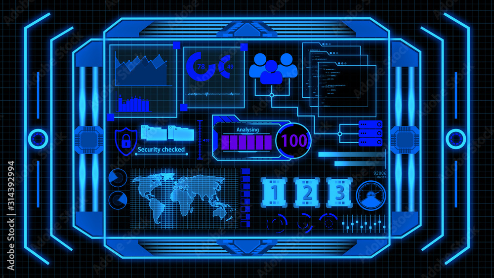 Screen With Blue Data Analysis Details including Loading bar, world map ...