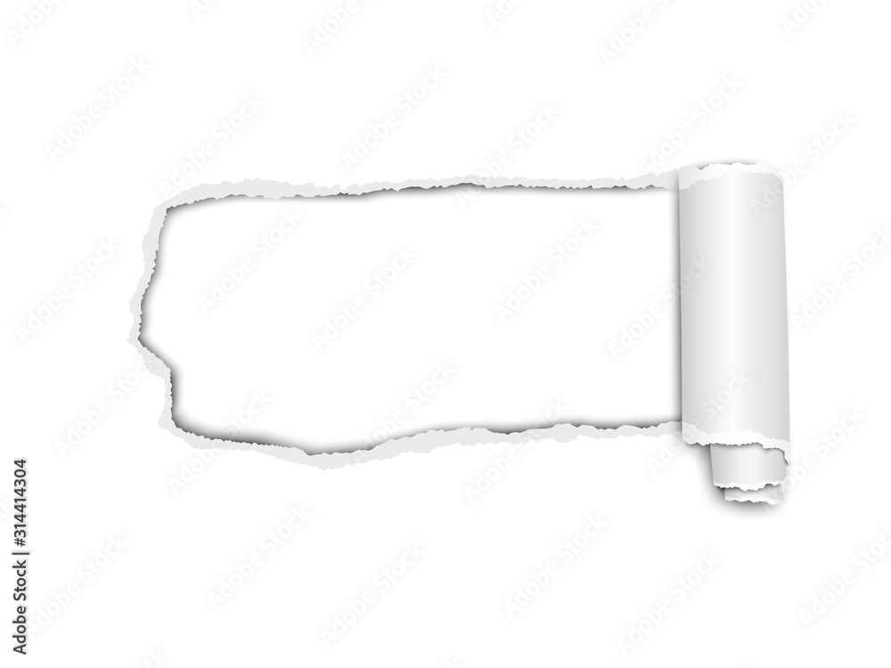 Elongated vector torn hole from left to right in white sheet of paper ...