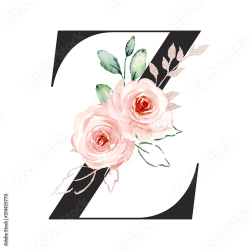 Letter z, alphabet with watercolor flowers roses and leaf. Floral ...