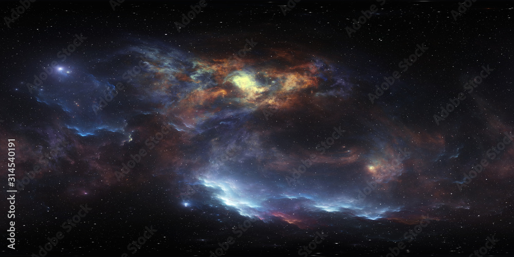 360 degree space background with nebula and stars, equirectangular ...
