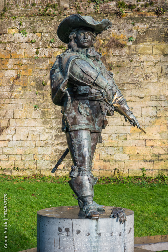 MAASTRICHT, NETHERLANDS - JANUARY 16, 2016: Statue of d'Artagnan. The ...