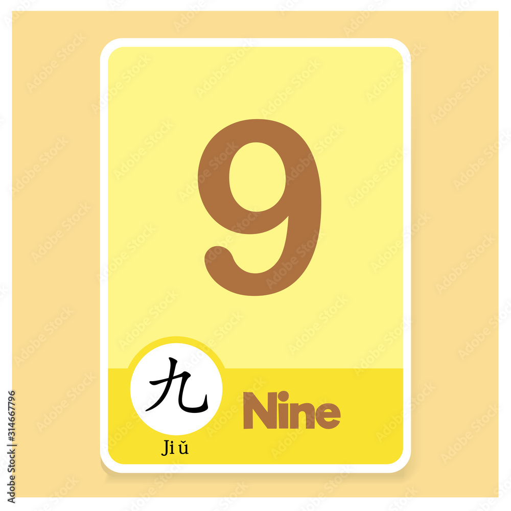 Printable Flashcard learning number 9. 2 Laguages bilingual,Mandarin ...