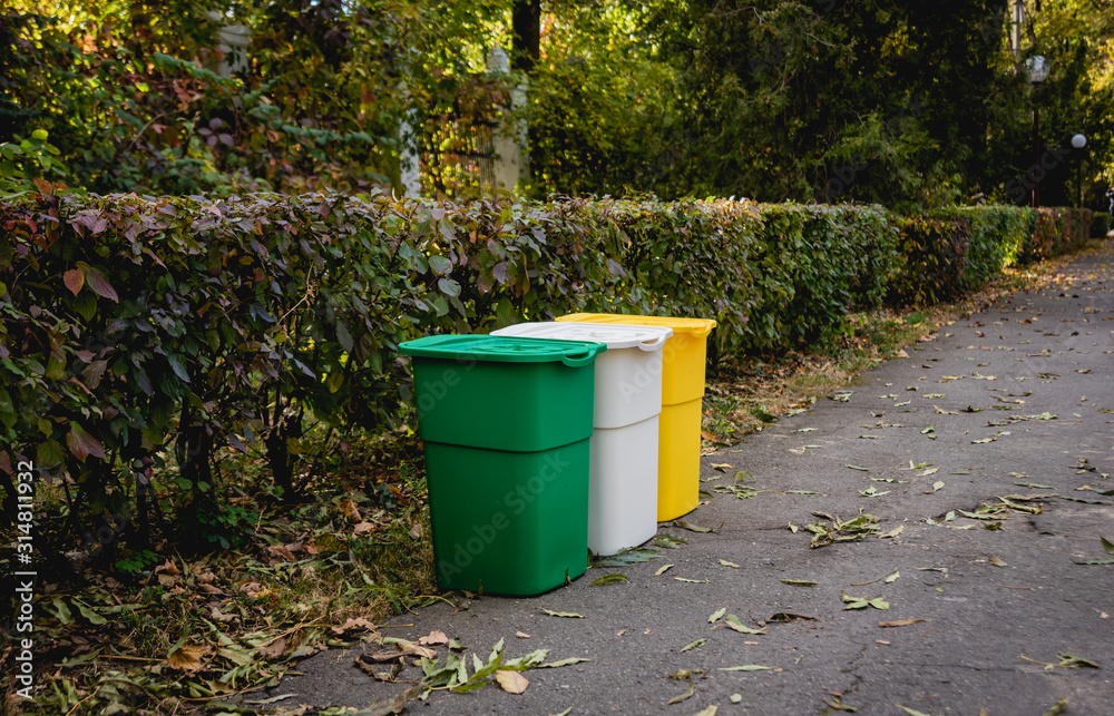 Three trash containers in different color, for sorted waste. Outdoors ...