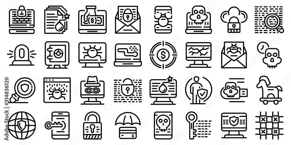 Fraud icons set. Outline set of fraud vector icons for web design ...
