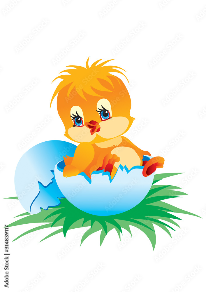 yellow chick just hatched from an egg and sits in half shell on green grass, vector illustration ...