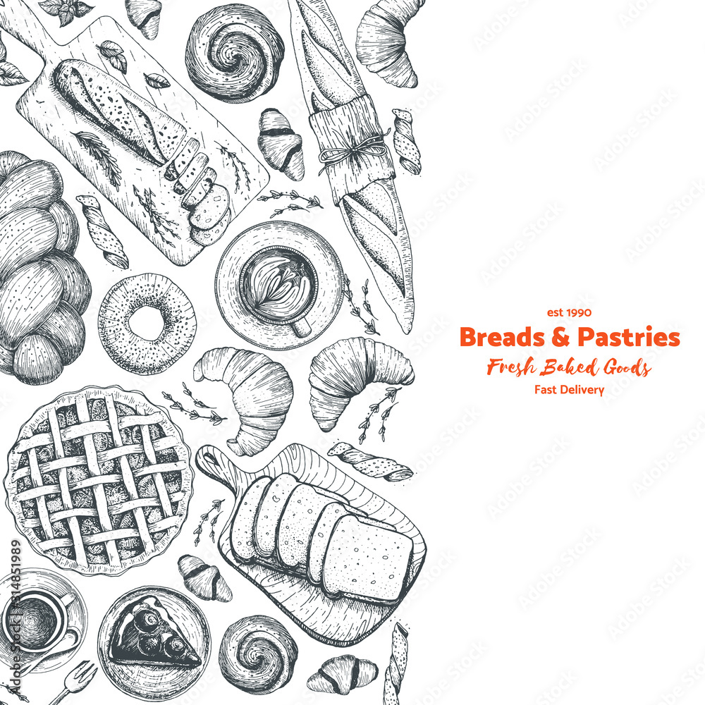 Bakery background. Bakery top view frame. Hand drawn sketch with bread ...