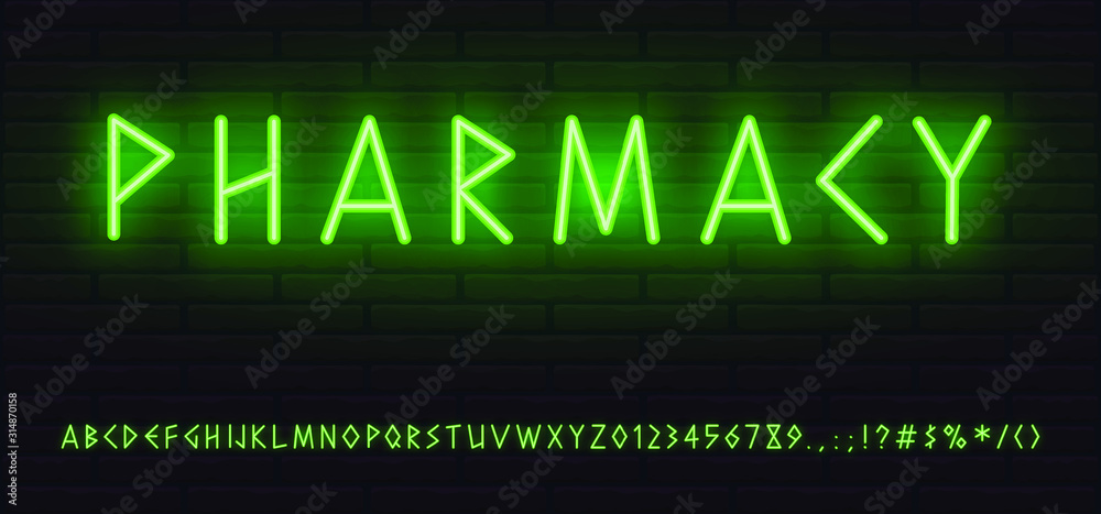 green neon font greek style. letters, numerals, signs, symbols and ...