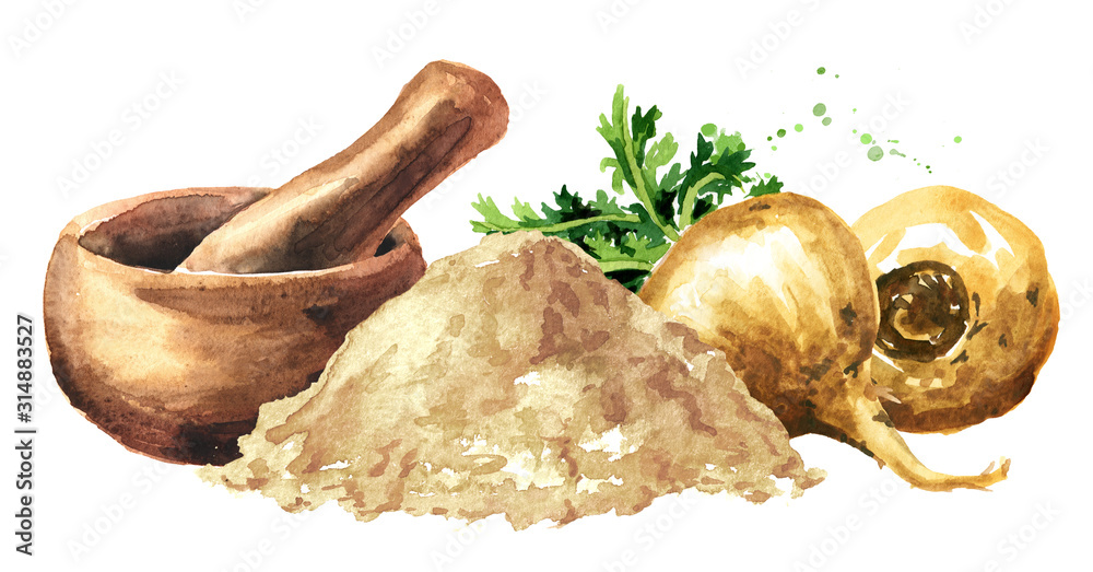 Maca root or Peruvian ginseng with powder and mortar, Organic vegetable ...