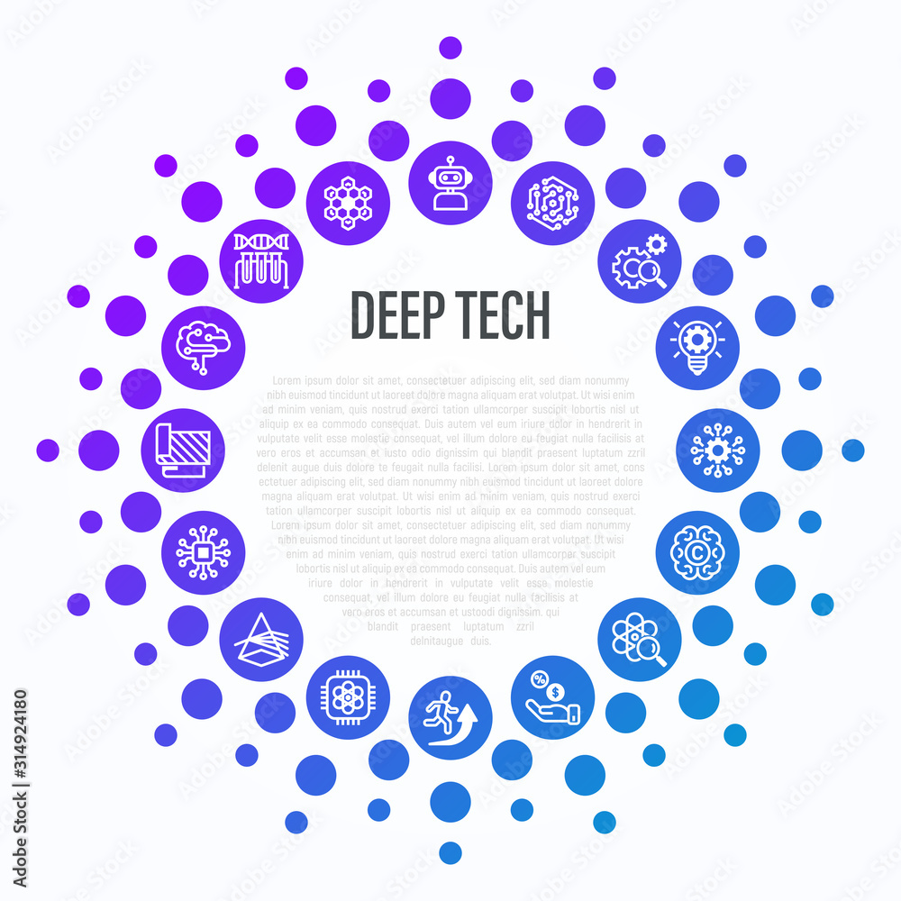 Deep tech concept in circle shape with thin line icons. Symbols of ai ...