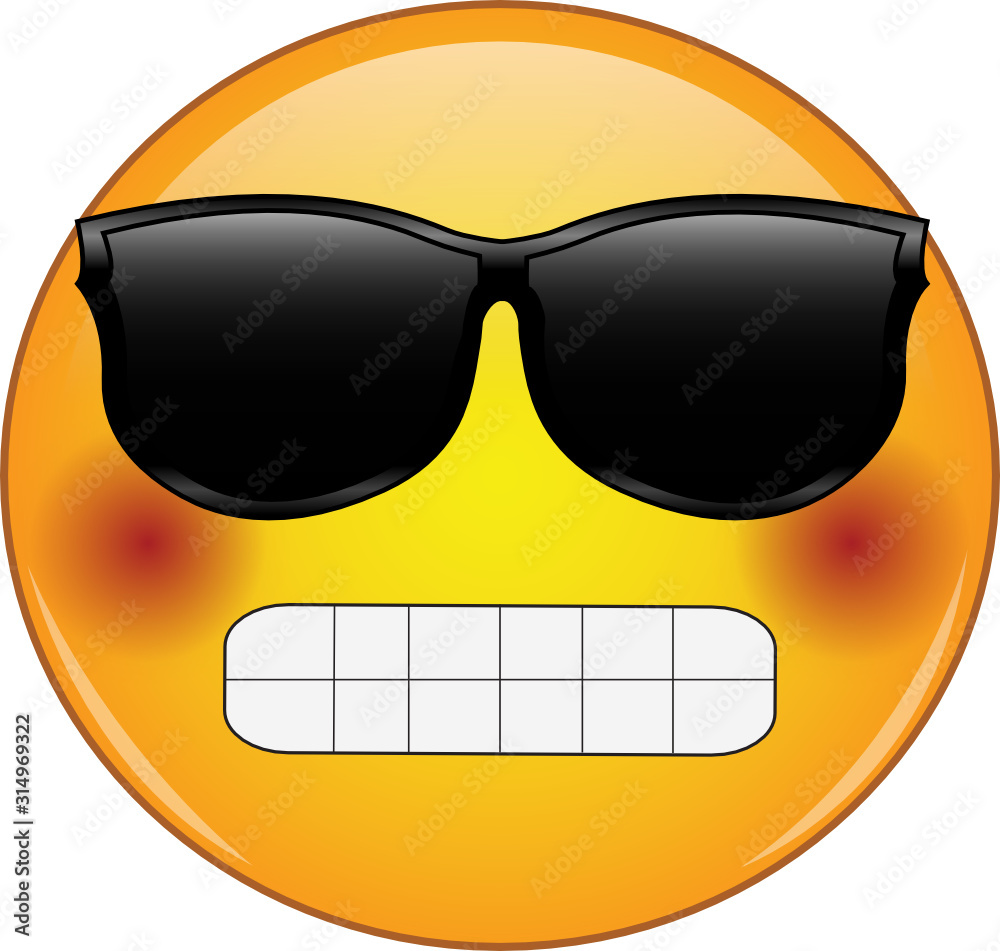 Cool grinning and blushing emoji. Awesome looking yellow face emoticon ...