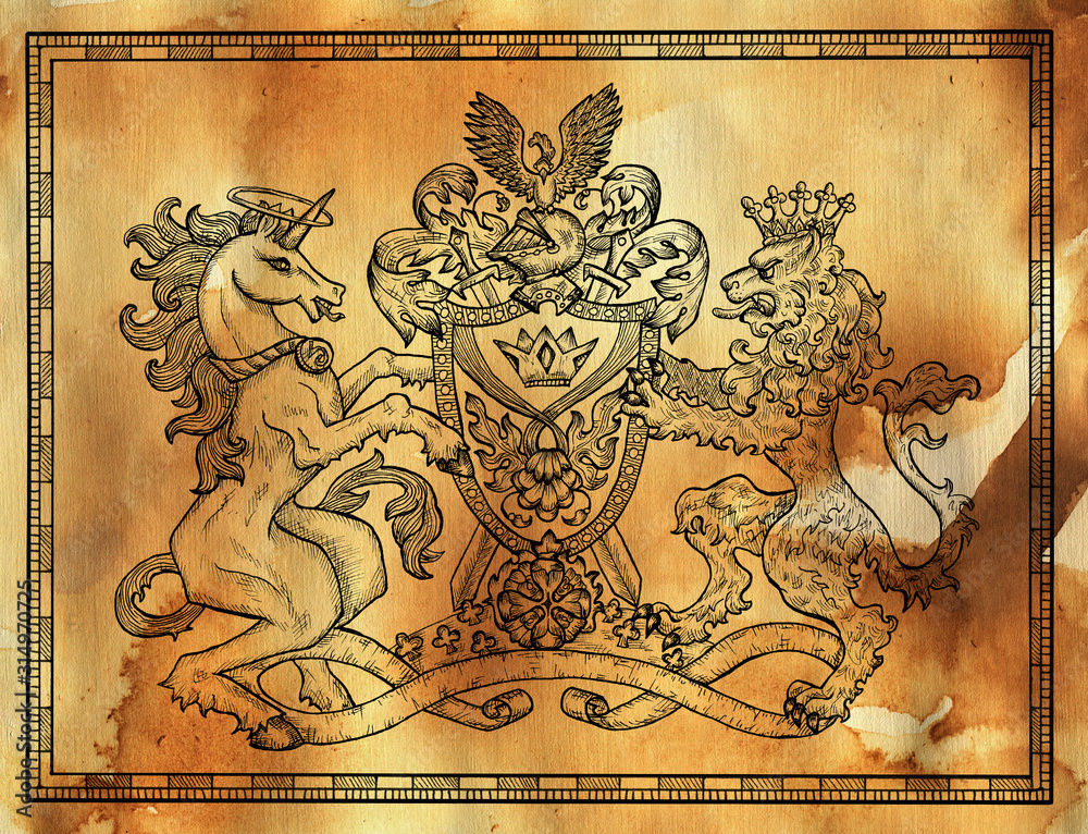 Heraldic drawing with unicorn and lion in frame against texture ...