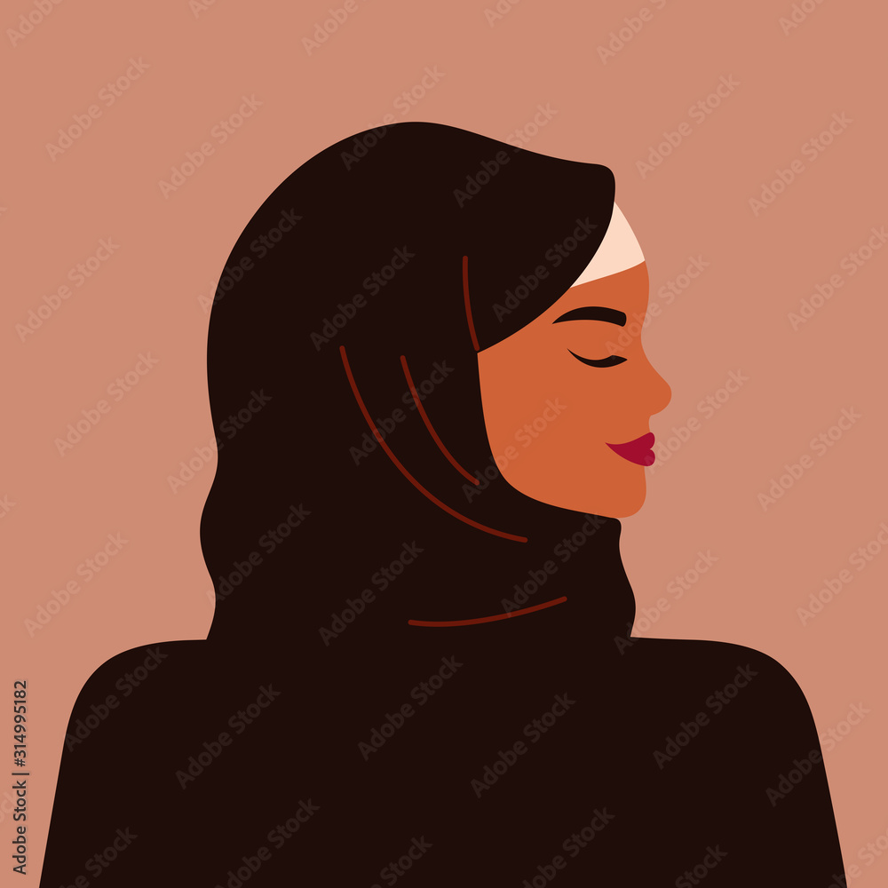 Portrait of a strong muslim woman in profile wearing a black hijab ...