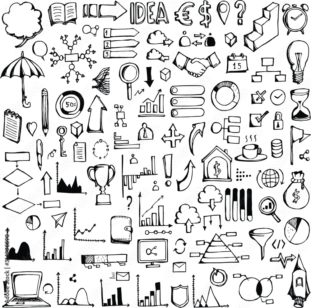 Set of Data Drawing illustration Hand drawn doodle Sketch line vector ...