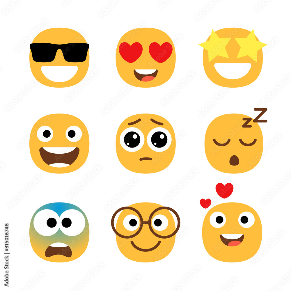 Flat emoticons faces. Simple happy and funny, cartoon smile set, wonder ...
