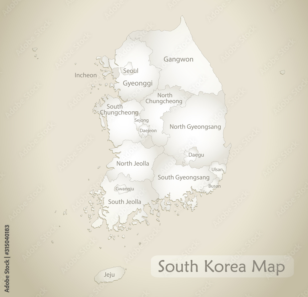 South Korea map, administrative division with names, old paper ...