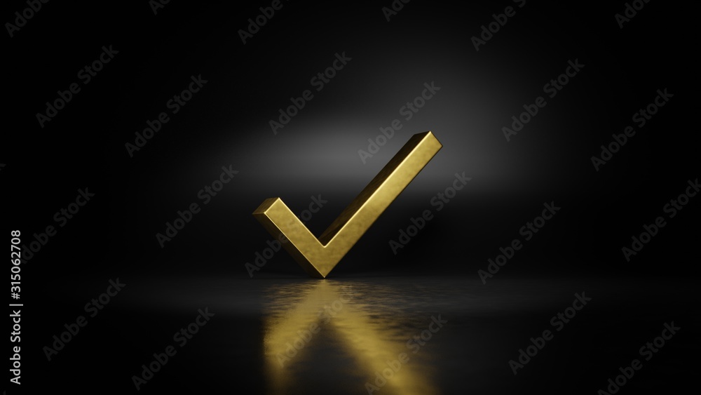 gold metal symbol of verification mark 3D rendering with blurry ...