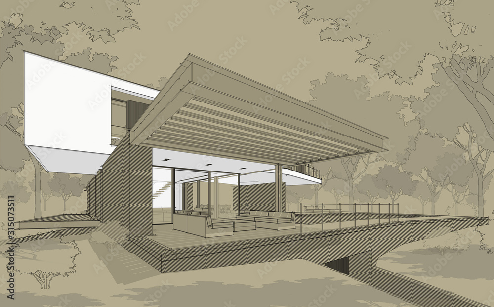 3d rendering of modern cozy house on the hill with garage and pool for ...