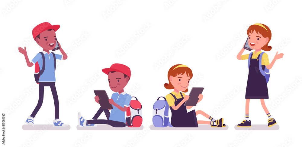 School boy, girl with gadgets, smartphone, tablet. Cute small children ...