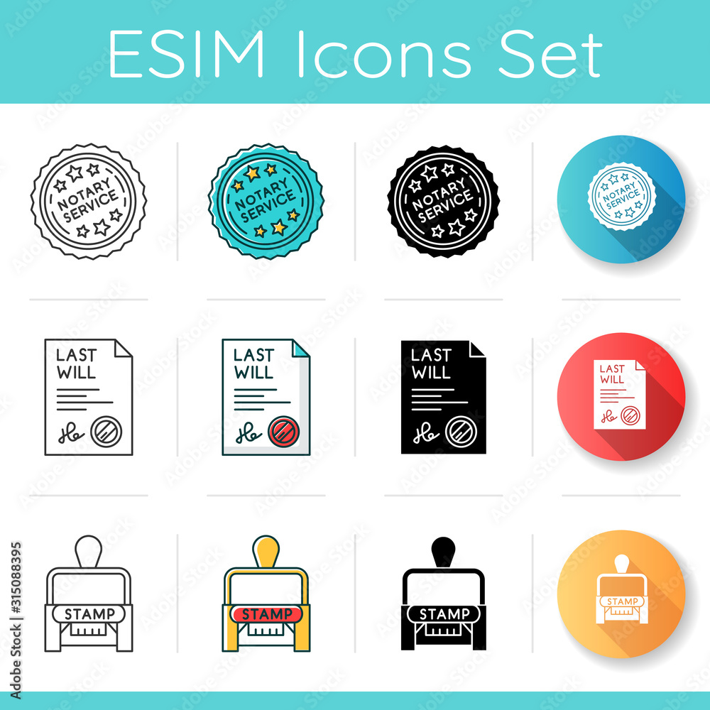 Notary services icons set. Apostille and document legalization. Last ...