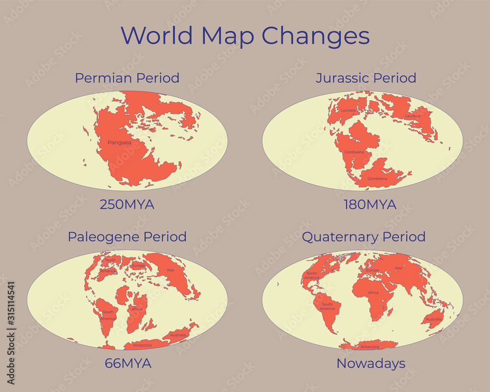 Map of the World and changes in different geological periods. Colorful ...