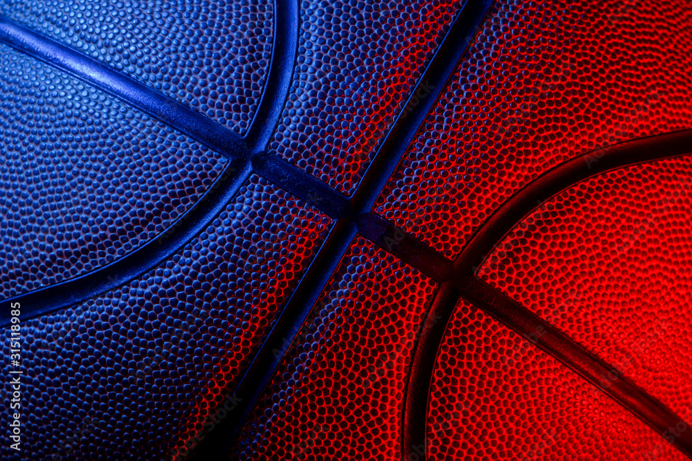 Closeup detail of basketball ball texture background. Blue neon Banner ...