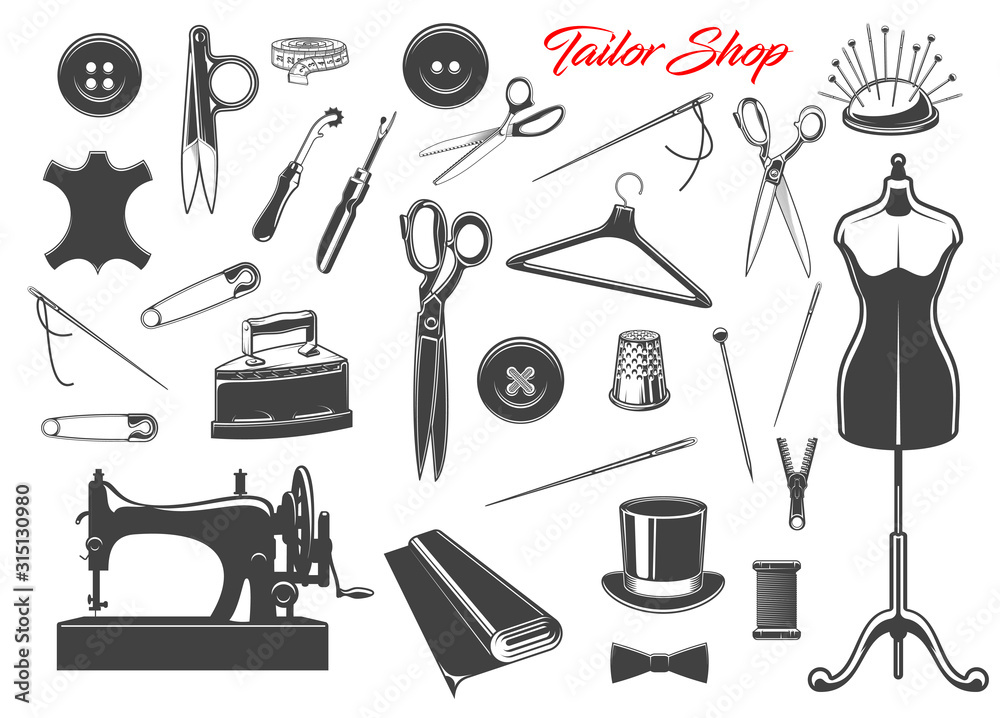 Tailor shop and sewing tool icons. Thread, needles and scissors, sewing ...