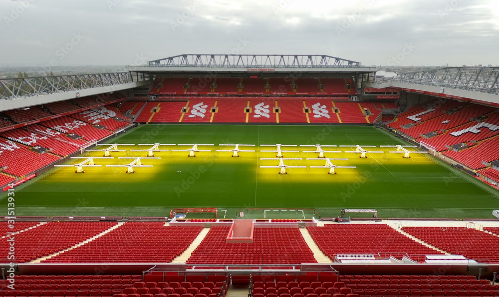 LIVERPOOL, UNITED KINGDOM - October 16, 2018: Seat rows in Anfield ...