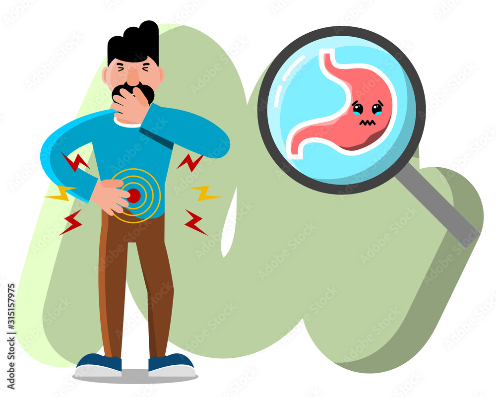 Stomach ache vector illustration. Male cartoon character with abdominal ...