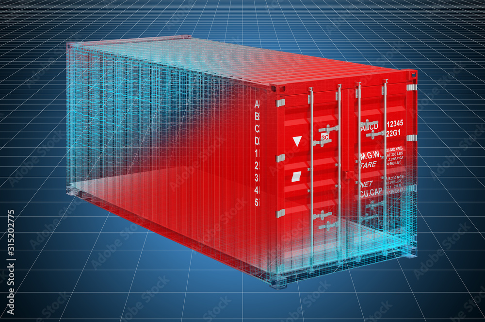 Visualization 3d cad model of cargo container, blueprint. 3D rendering ...