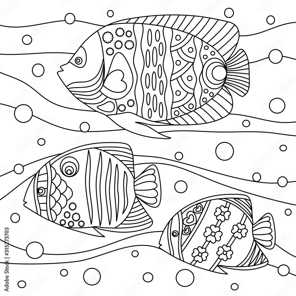 Hand drawn line art doodle fishes vector. Zentangle style of ocean fish ...