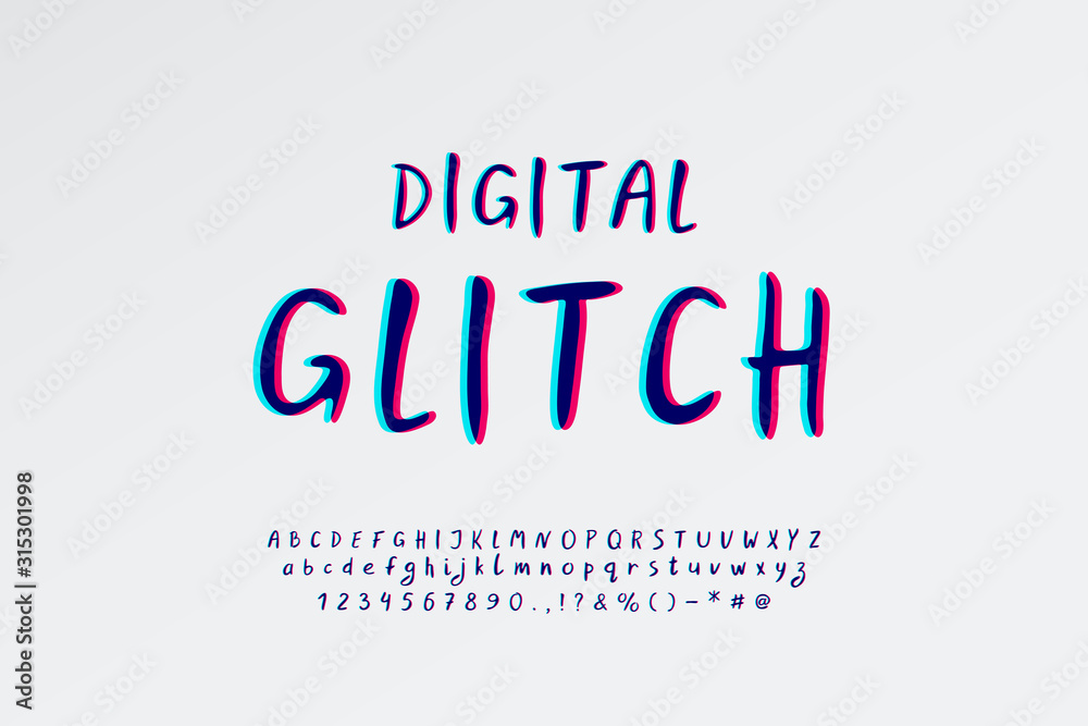 Digital glitch Alphabet. Script hand drawn vector typeface with stereo ...