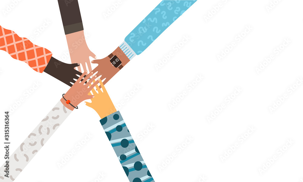 Holding of diverse group hands circle of people putting together. Cooperation, unity ...