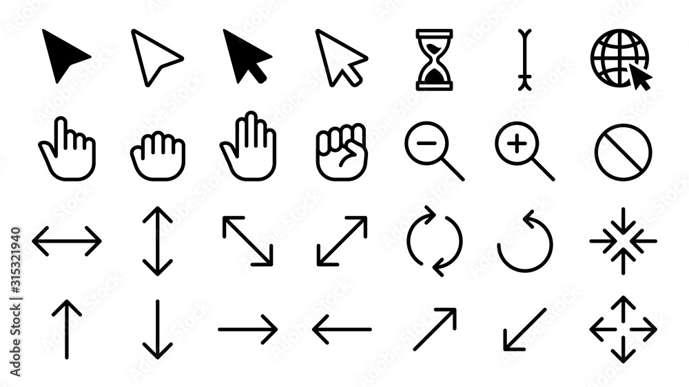 Cursor icons. Web internet scale arrow clicking computer pointer, hand mouse cursors. Static and ...