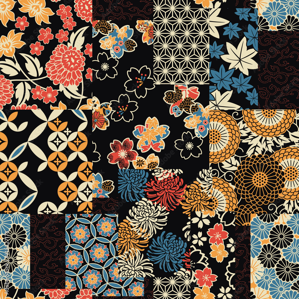 Traditional Japanese textile fabric patchwork wallpaper abstract floral ...
