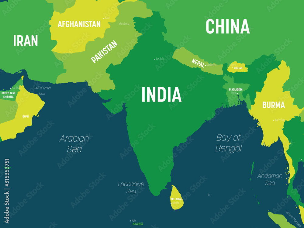 South Asia map - green hue colored on dark background. High detailed ...