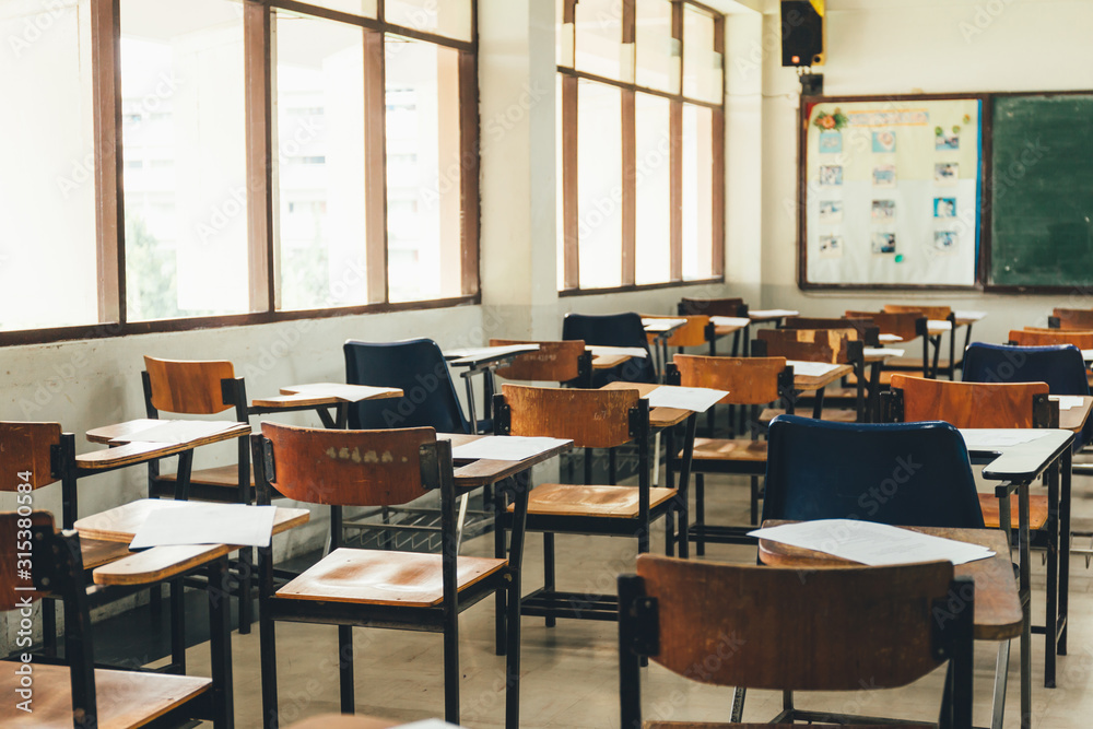 selective soft and blur focus.old wooden row lecture chairs in dirty ...