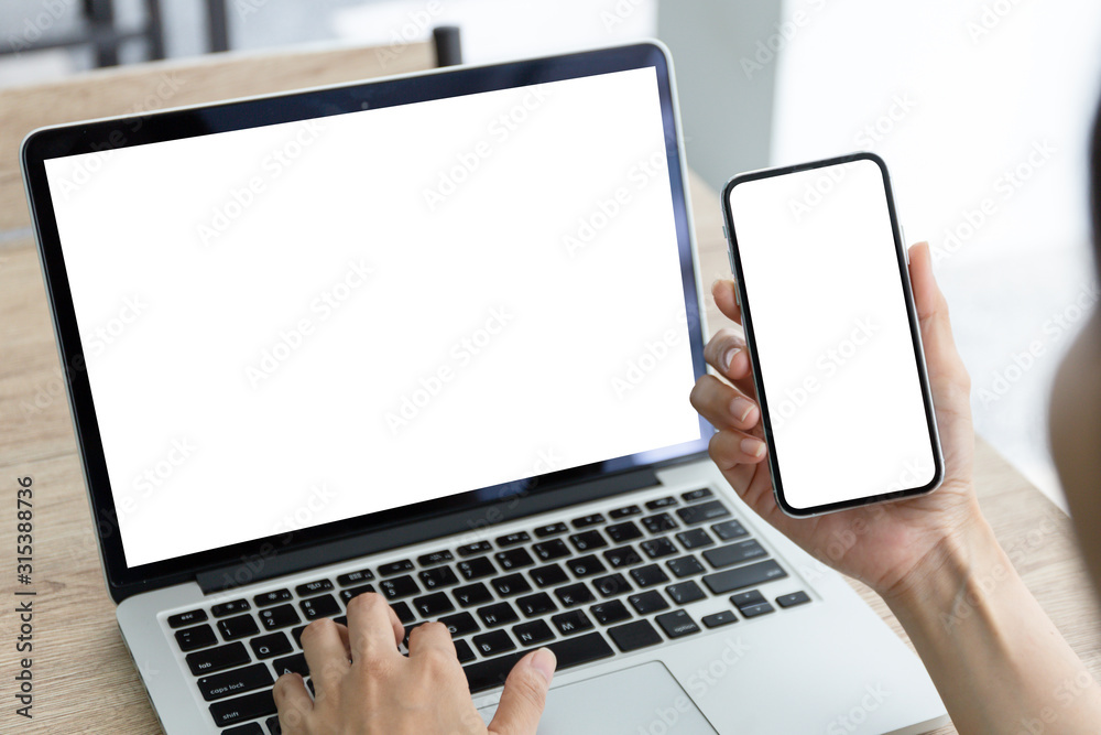 mockup image blank screen computer,cell phone with white background for ...