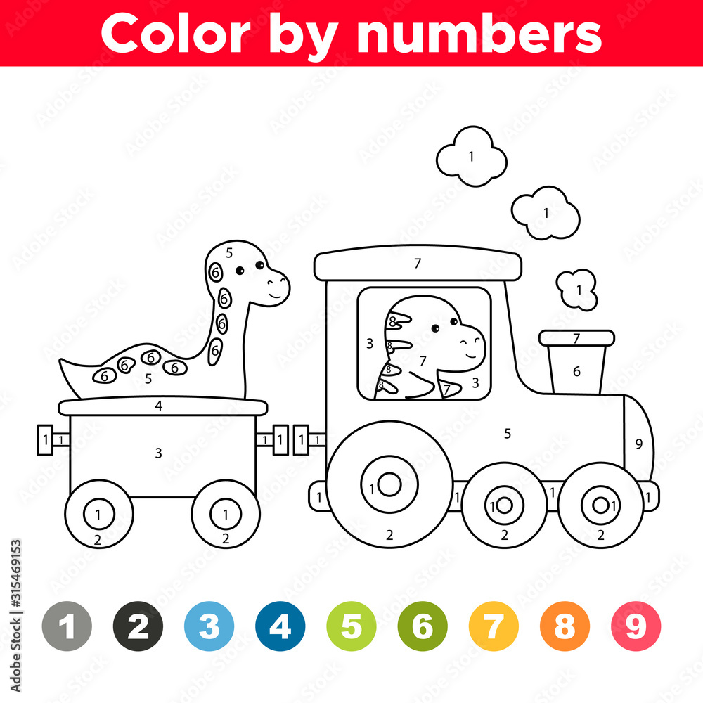 Number coloring page for children. Cute kawaii dinosaurs in funny train ...